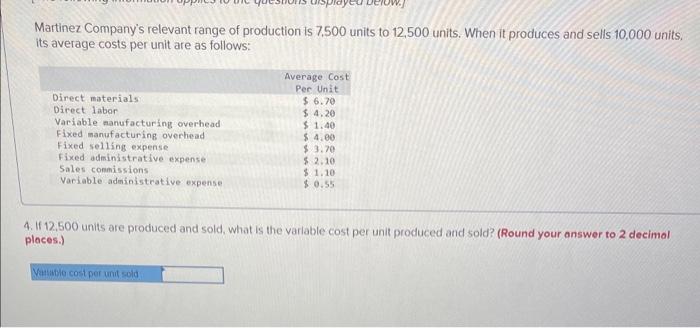 Solved Martinez Company's relevant range of production is | Chegg.com