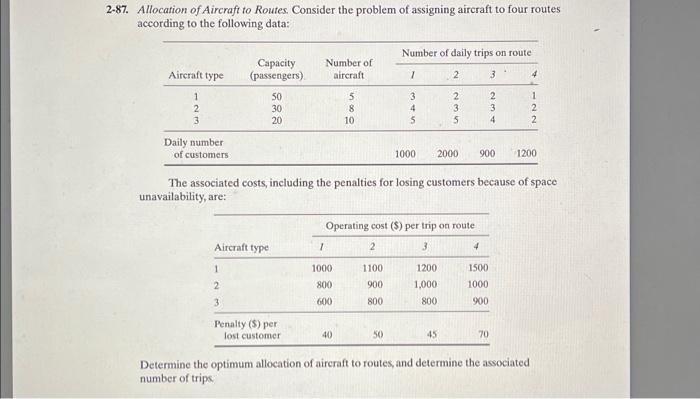 Solved 2-87. Allocation of Aircraft to Routes. Consider the | Chegg.com