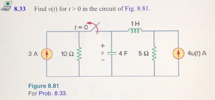 Solved .33 Find v(t) for t>0 in the circuit of Fig. 8.81. | Chegg.com