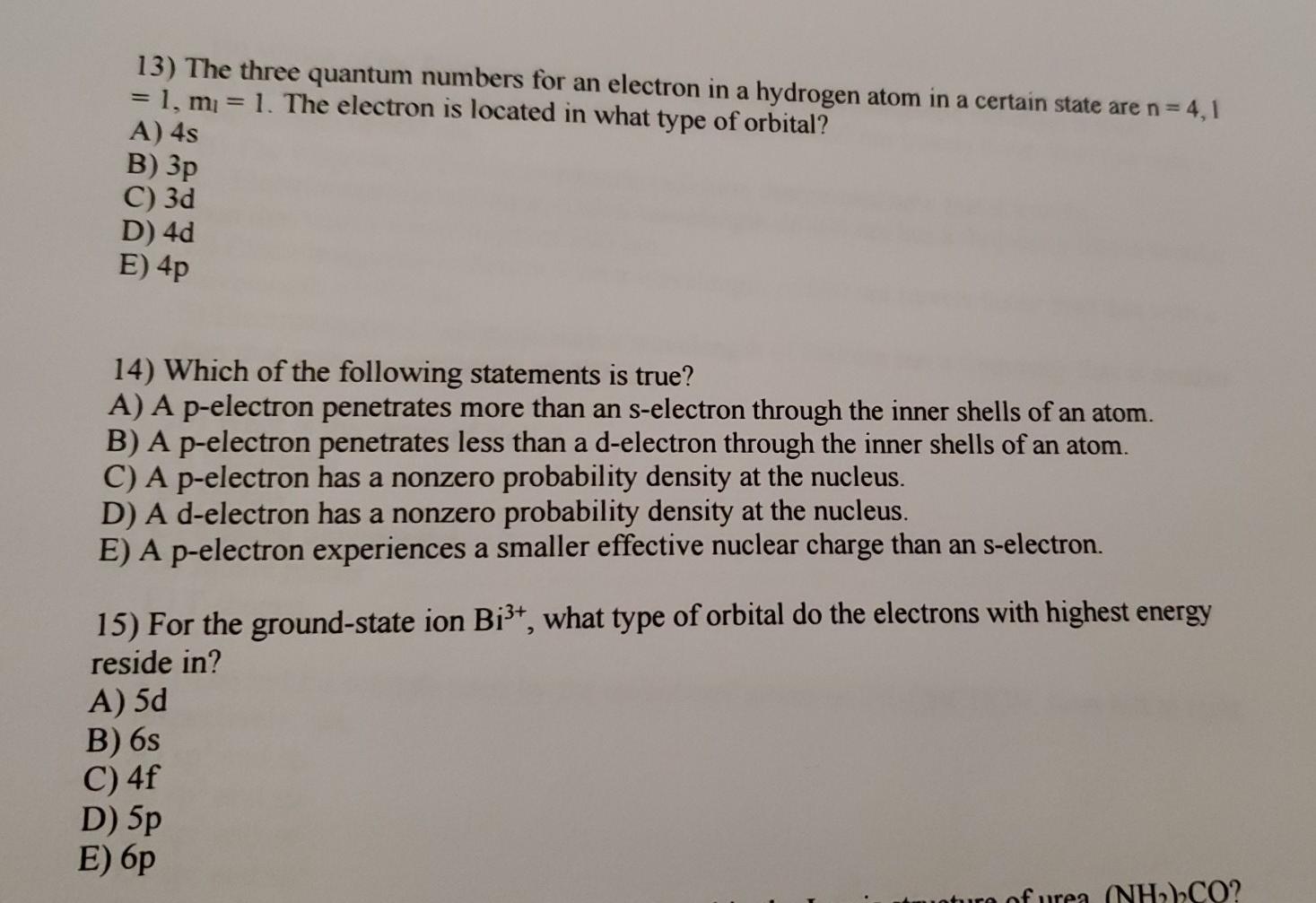 Solved 13) The three quantum numbers for an electron in a | Chegg.com