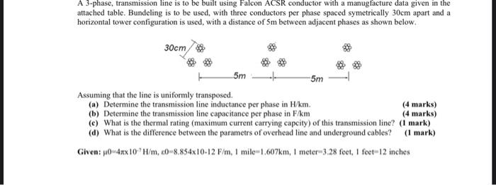 [Solved]: A 3-phase, transmission line is to be built using