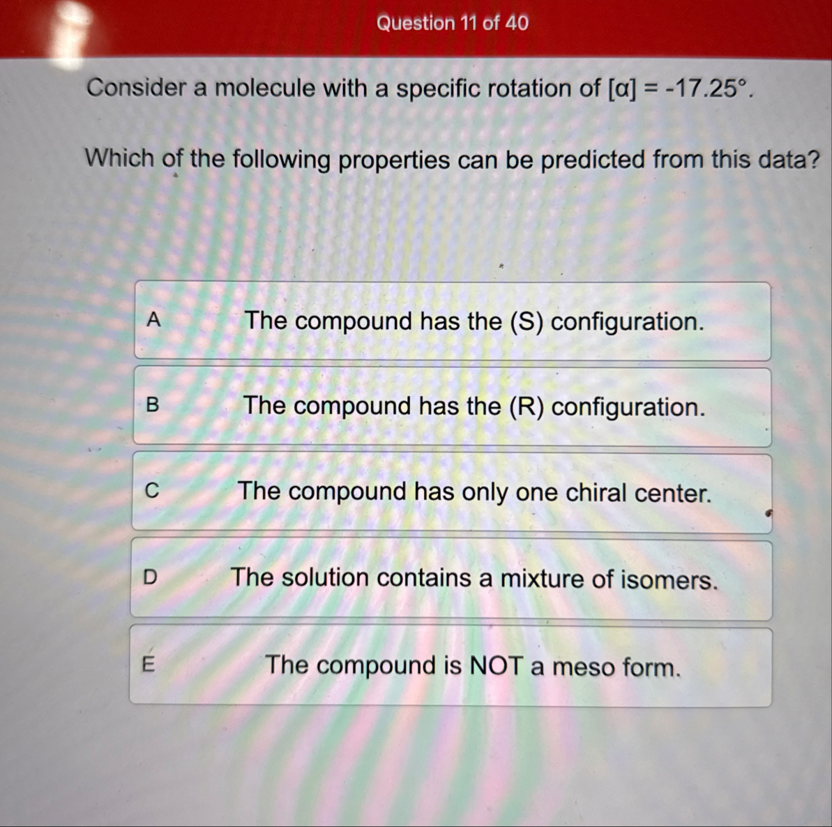 Solved Question 11 of 40Consider a molecule with a specific | Chegg.com Solved Question 11 of 40Consider a molecule with a specific | Chegg.com