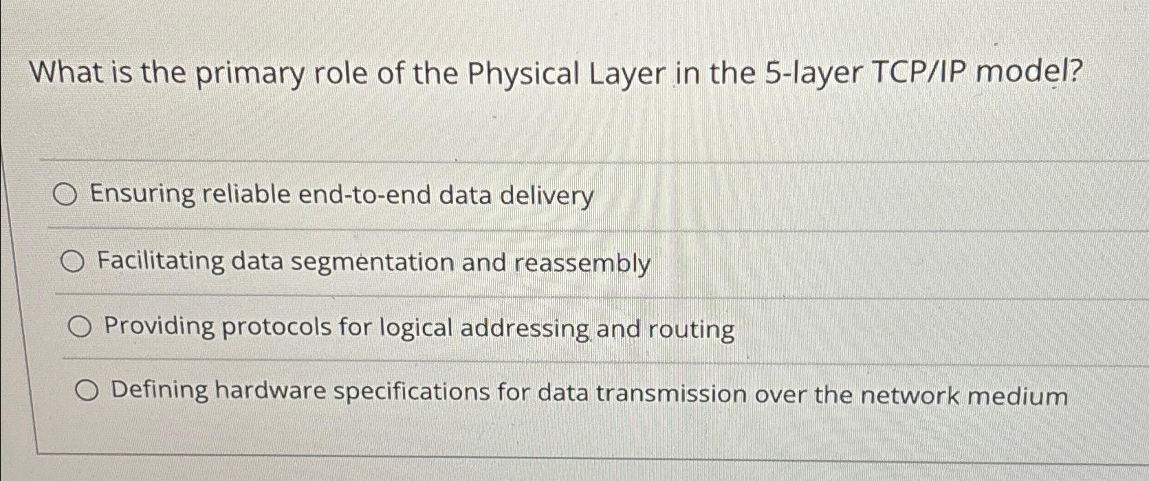 Solved What is the primary role of the Physical Layer in the | Chegg.com