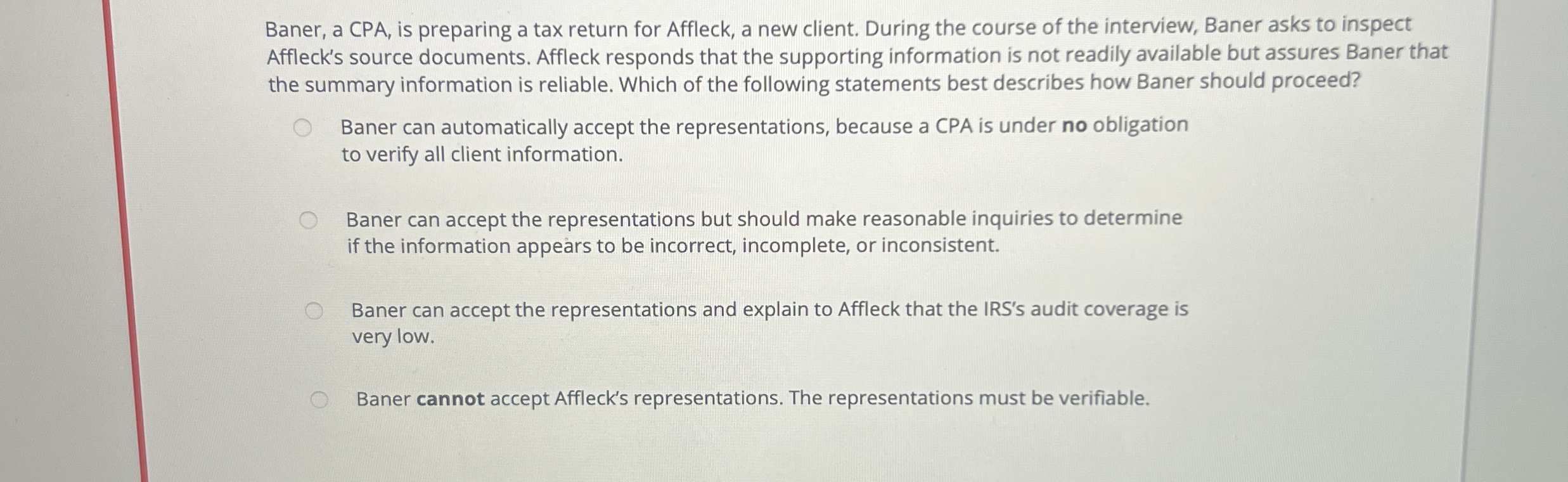 Baner, a CPA, is preparing a tax return for Affleck, | Chegg.com