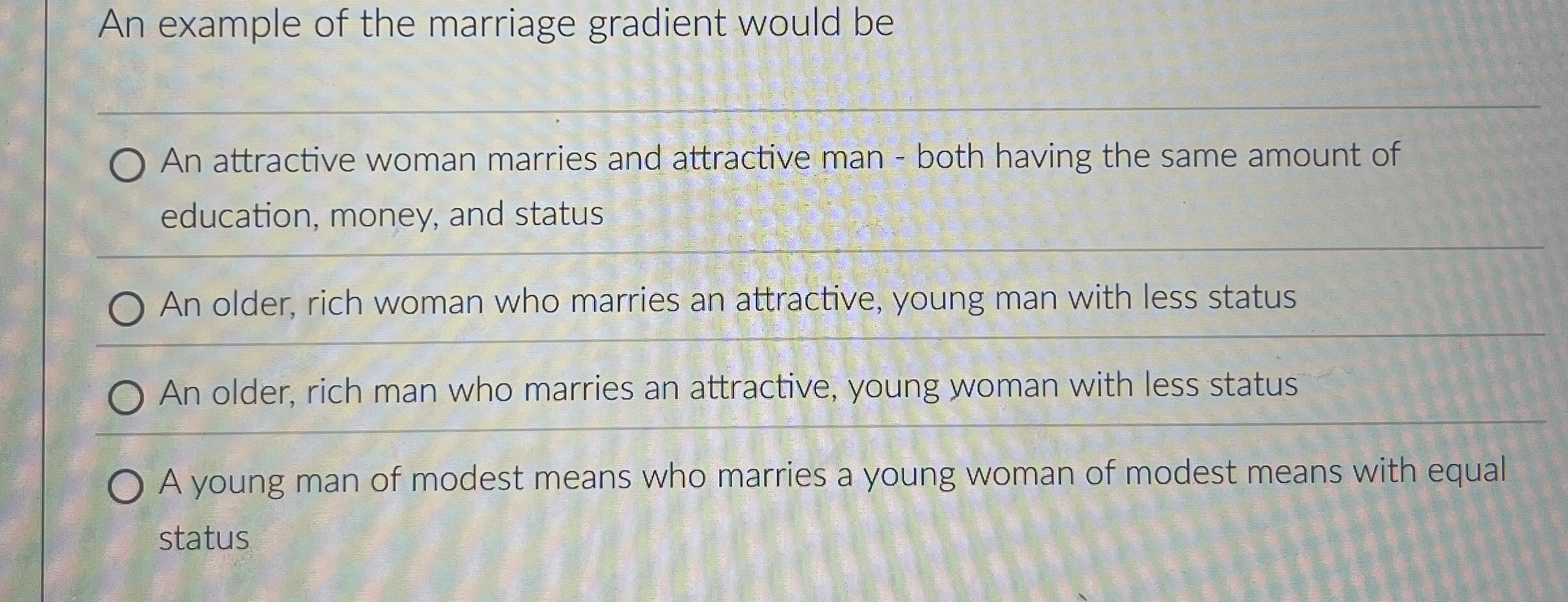 Solved An example of the marriage gradient would beq,An | Chegg.com