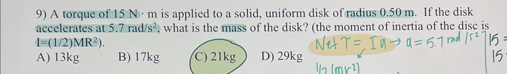 Solved A torque of 15N*m ﻿is applied to a solid, uniform | Chegg.com