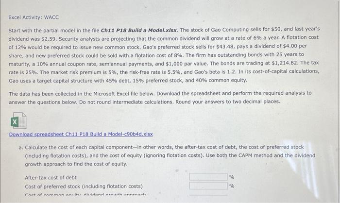 Solved Excel Activity: WACC Start with the partial model in | Chegg.com