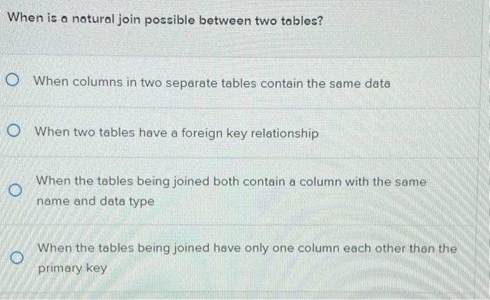 Solved When is a natural join possible between two tables? O | Chegg.com