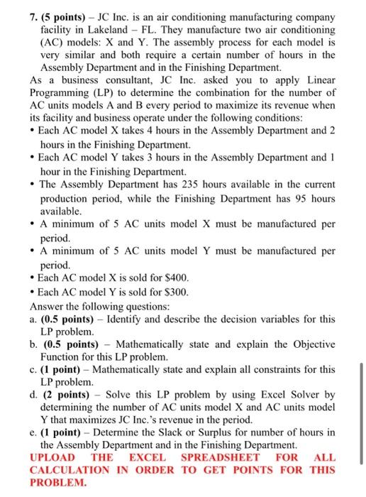 7. (5 points) - JC Inc. is an air conditioning | Chegg.com