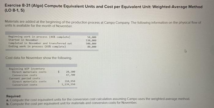 Solved Exercise 8-31 (Algo) Compute Equivalent Units and | Chegg.com