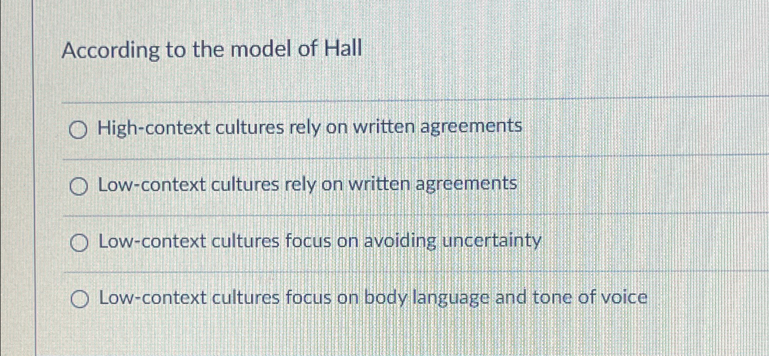 Solved According to the model of HallHigh-context cultures | Chegg.com