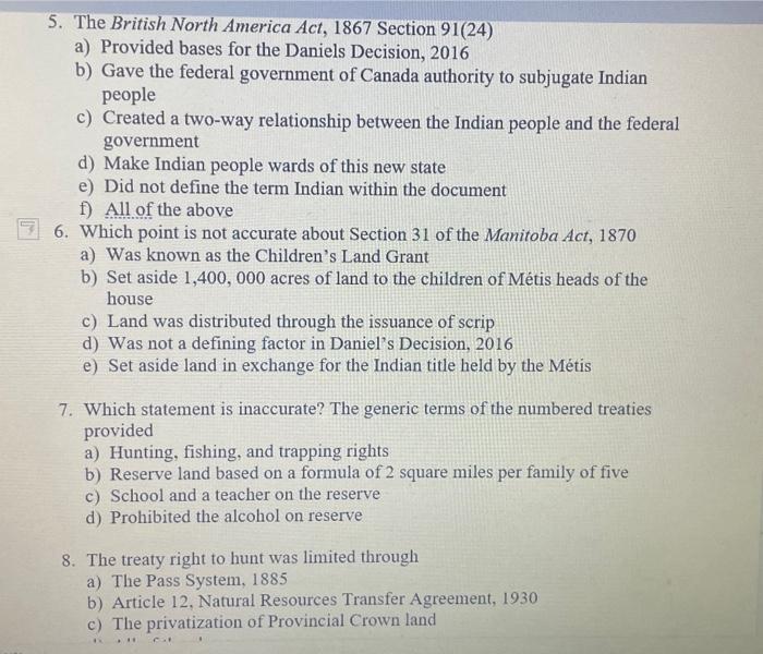 5. The British North America Act, 1867 Section 91(24) | Chegg.com