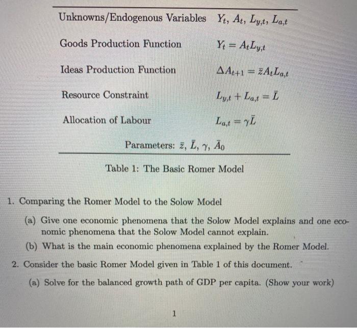 2. Consider the basic Romer Model given in Table 1 of | Chegg.com