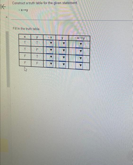 Solved Construct a truth table for the given statement. ∼x→y | Chegg.com