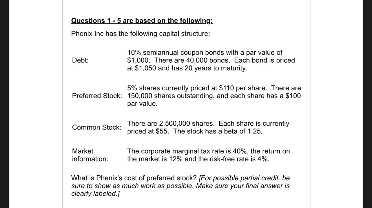 Solved What is Phenix's cost of preferred stock? | Chegg.com
