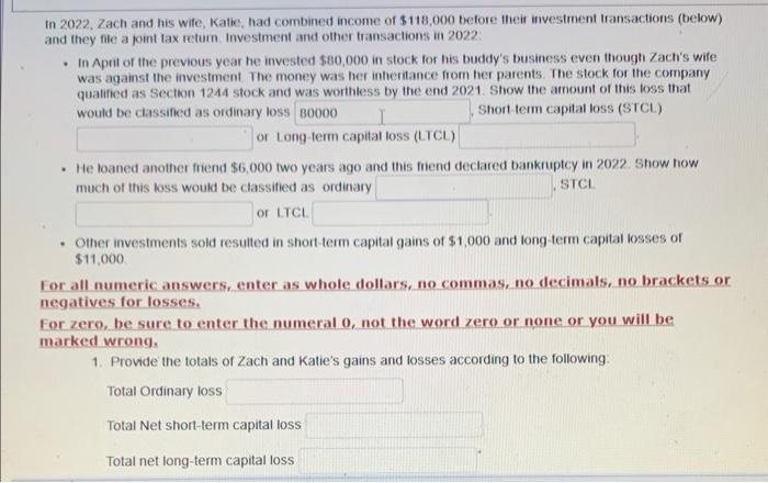 Solved In 2022, Zach and his wife, Katie, had combined | Chegg.com