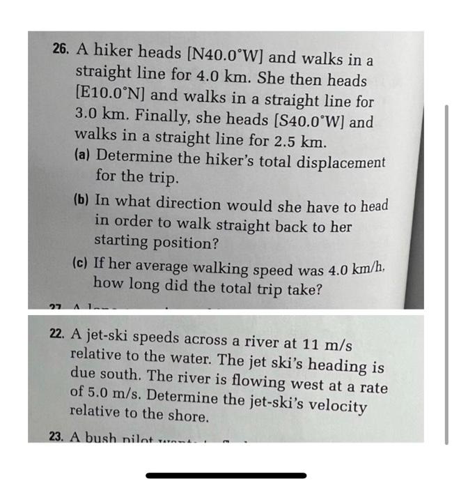 Solved 26. A hiker heads [N40.0∘W] and walks in a straight | Chegg.com