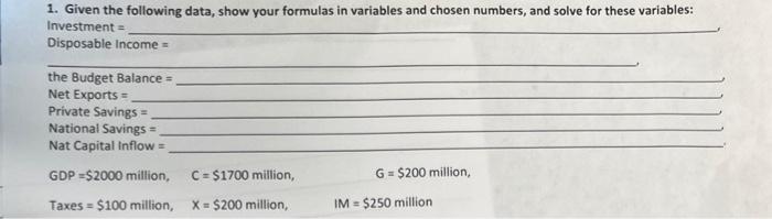 Solved 1. Given the following data, show your formulas in | Chegg.com