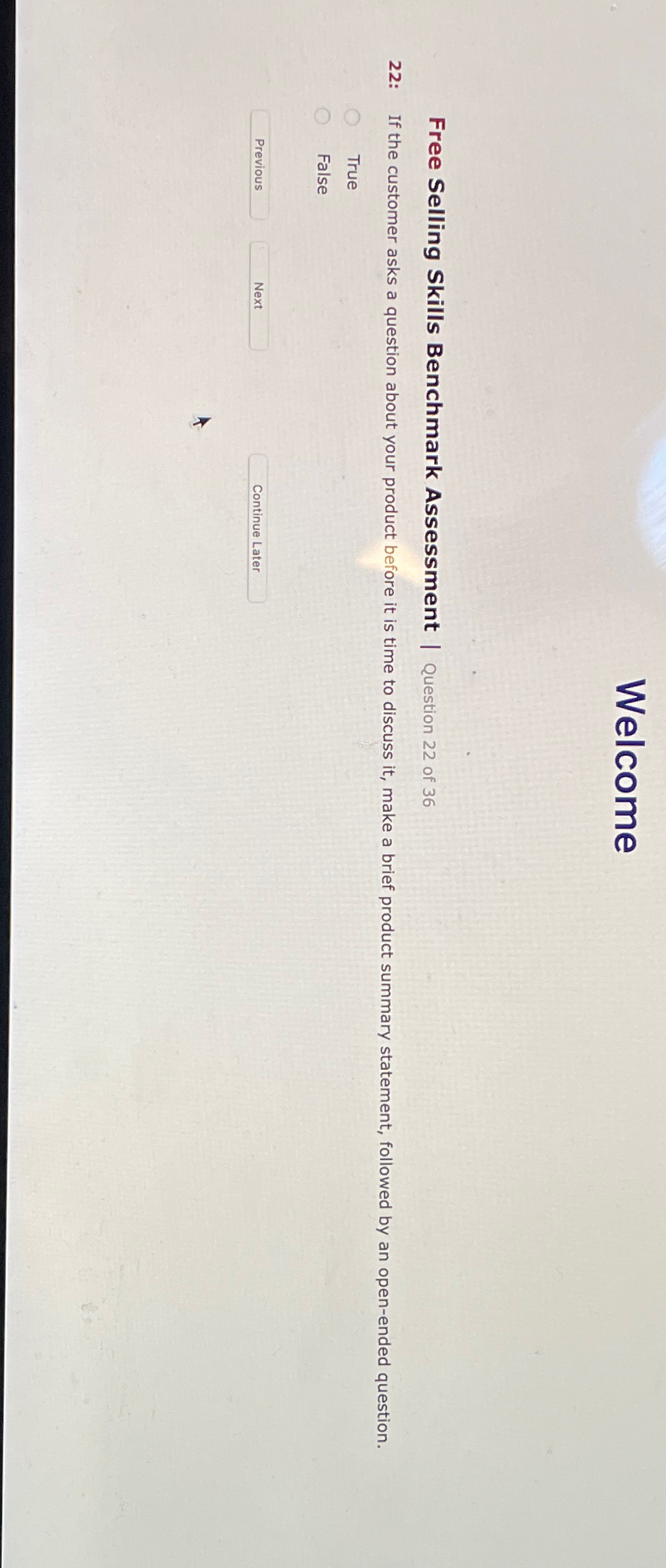 Solved WelcomeFree Selling Skills Benchmark Assessment | | Chegg.com