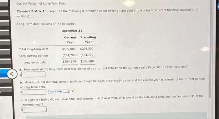 Solved Current Portion of Long-Term Debt Connie's Bistro, | Chegg.com