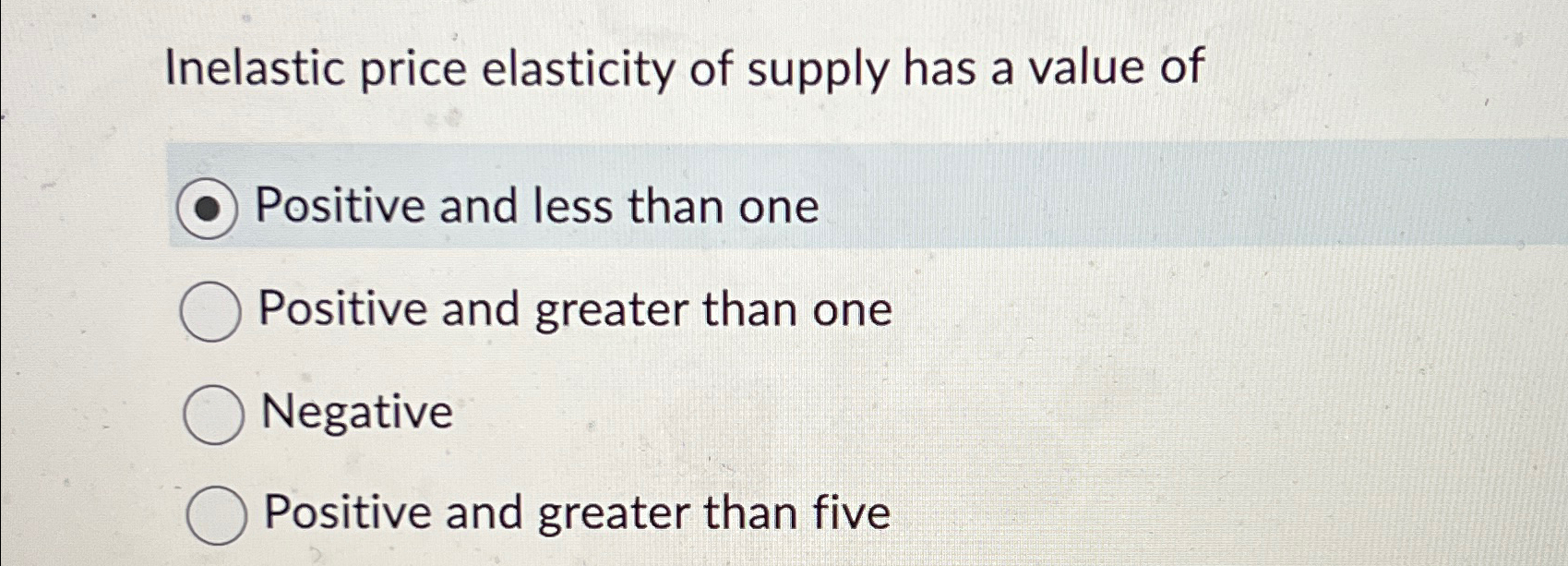 Solved Inelastic price elasticity of supply has a value | Chegg.com