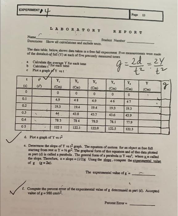 Solved Galileo's Free Fall Free Fall Experiment EXPERIMENT / | Chegg.com