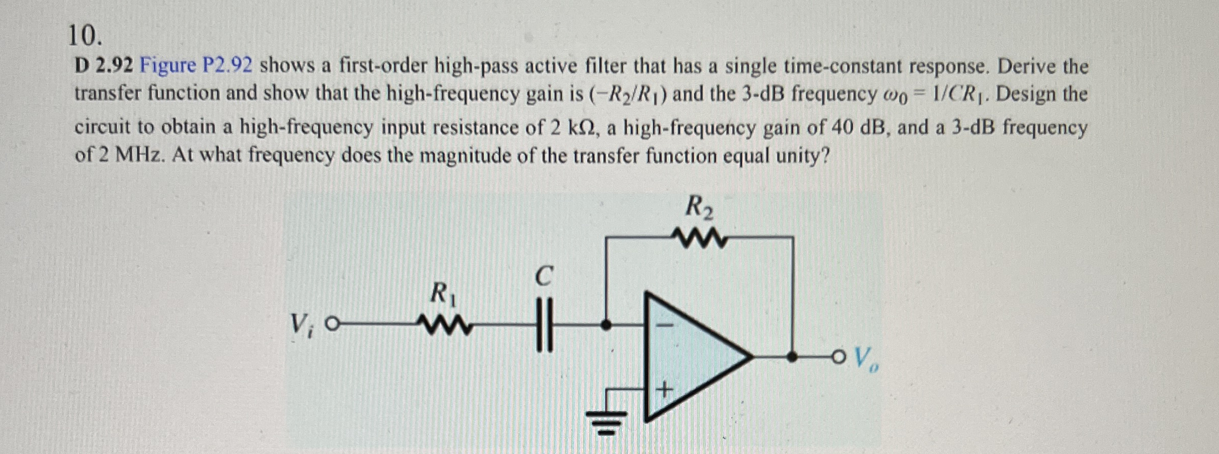 D 2.92 ﻿Figure P2.92 ﻿shows a first-order high-pass | Chegg.com