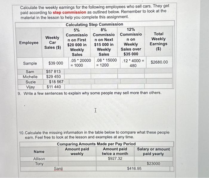 Calculate the weekly earnings for the following | Chegg.com
