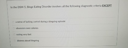 Solved In the DSM-5, ﻿Binge Eating Disorder involves all the | Chegg.com