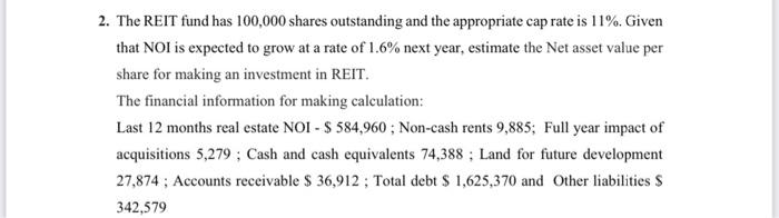 Solved 2. The REIT fund has 100,000 shares outstanding and | Chegg.com