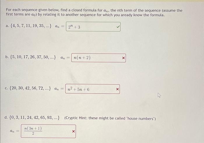 Solved For each sequence given below, find a closed formula | Chegg.com