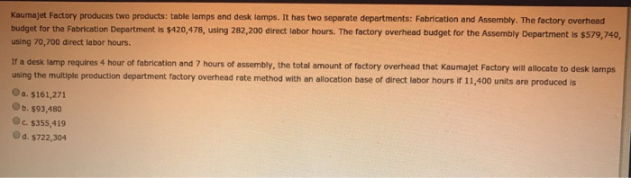 Solved Kaumajet Factory produces two products: table lamps | Chegg.com