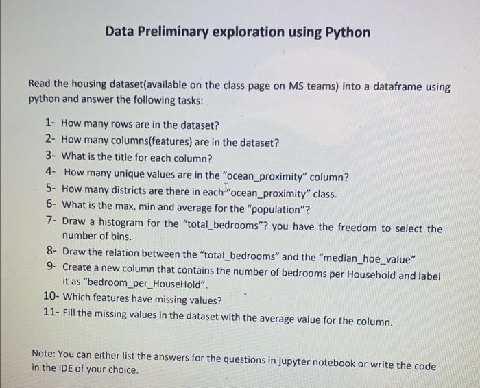 Data Preliminary exploration using Python Read the | Chegg.com