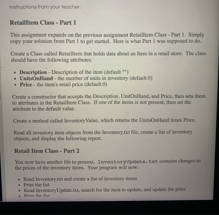 Solved Instructions from your teacher Retailltem Class - | Chegg.com
