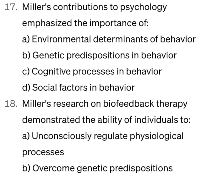 Solved Miller's contributions to psychology emphasized the | Chegg.com