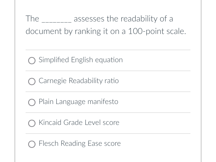 Solved The assesses the readability of a document by ranking | Chegg.com