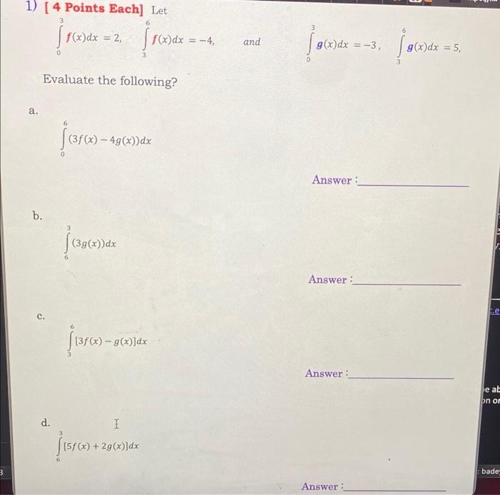 Solved 1) (4 Points Each] Let 3 3 6 [ sxdx = 2, ( 8(x)dx -4, | Chegg.com