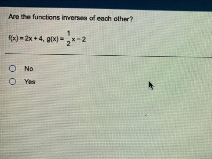 Solved Are the functions inverses of each other? f(x) = | Chegg.com