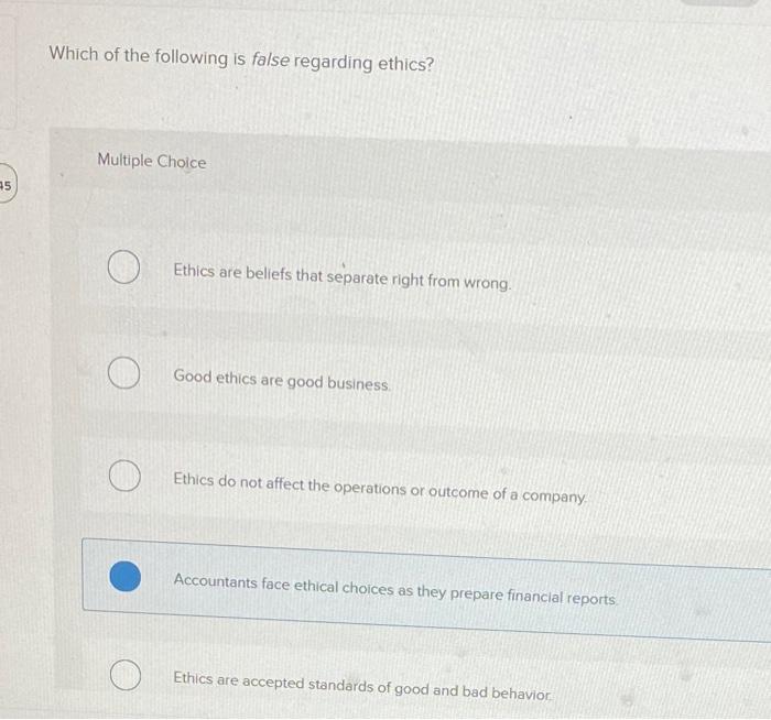 Solved Which of the following is false regarding ethics? | Chegg.com