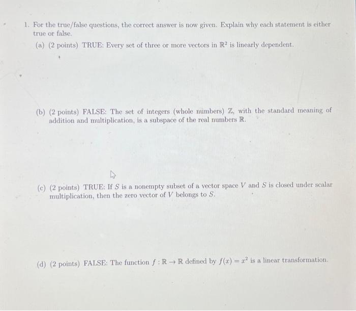 Solved 1. For the true/false questions, the correct answer | Chegg.com