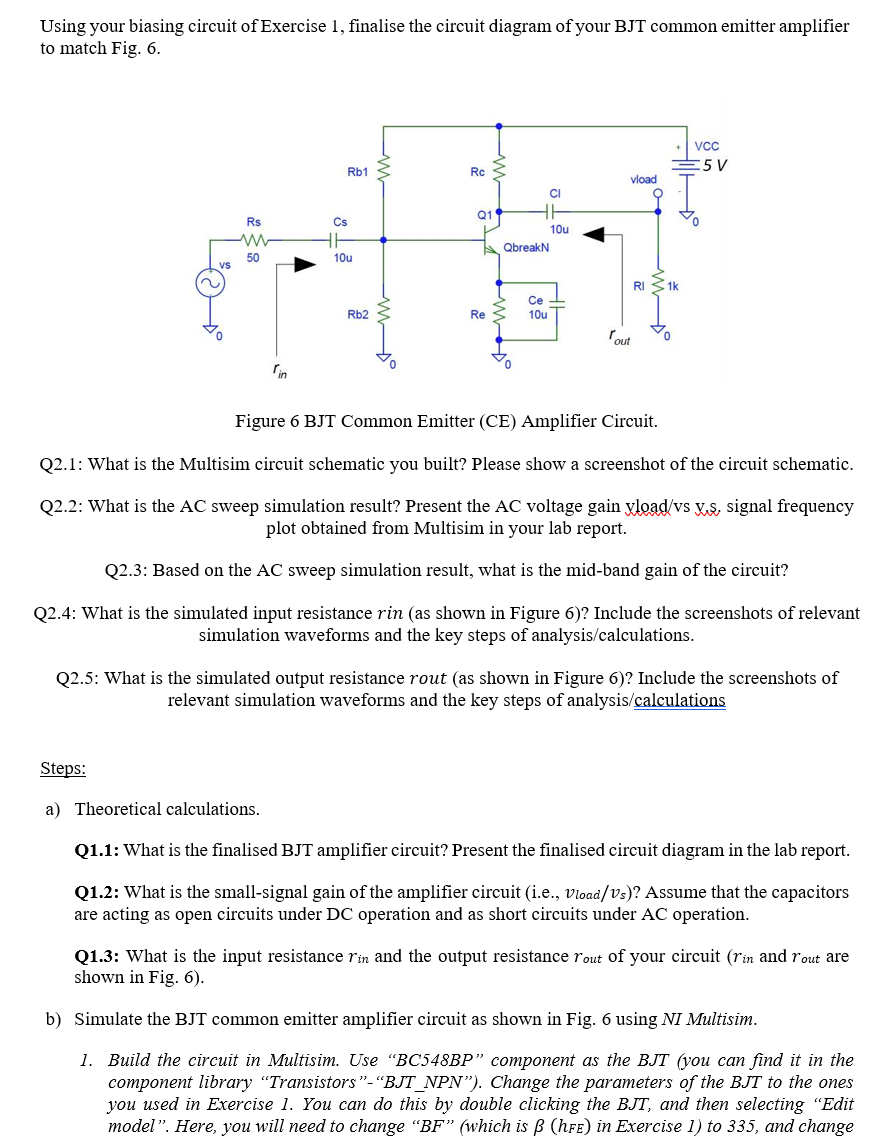 Solved Using your biasing circuit of Exercise 1, ﻿finalise | Chegg.com