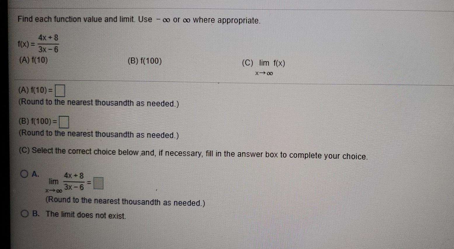 Solved Find each function value and limit. Use - oo or o | Chegg.com