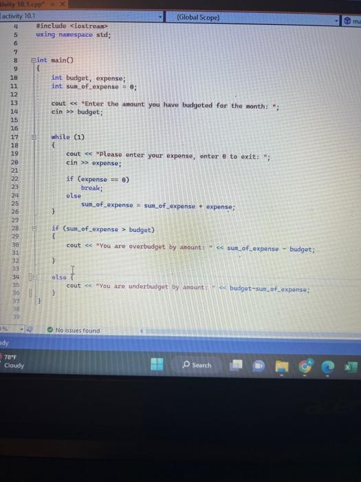 Solved using nanospace std; Eint main() int budget, expense; | Chegg.com