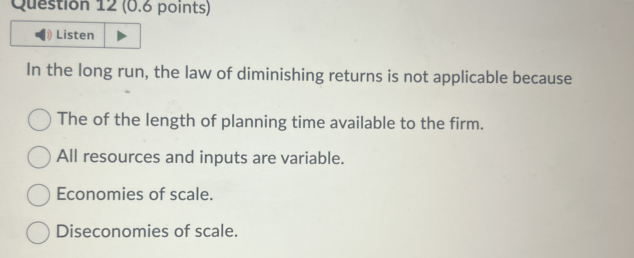Solved in the long run, the law of diminishing returns is | Chegg.com