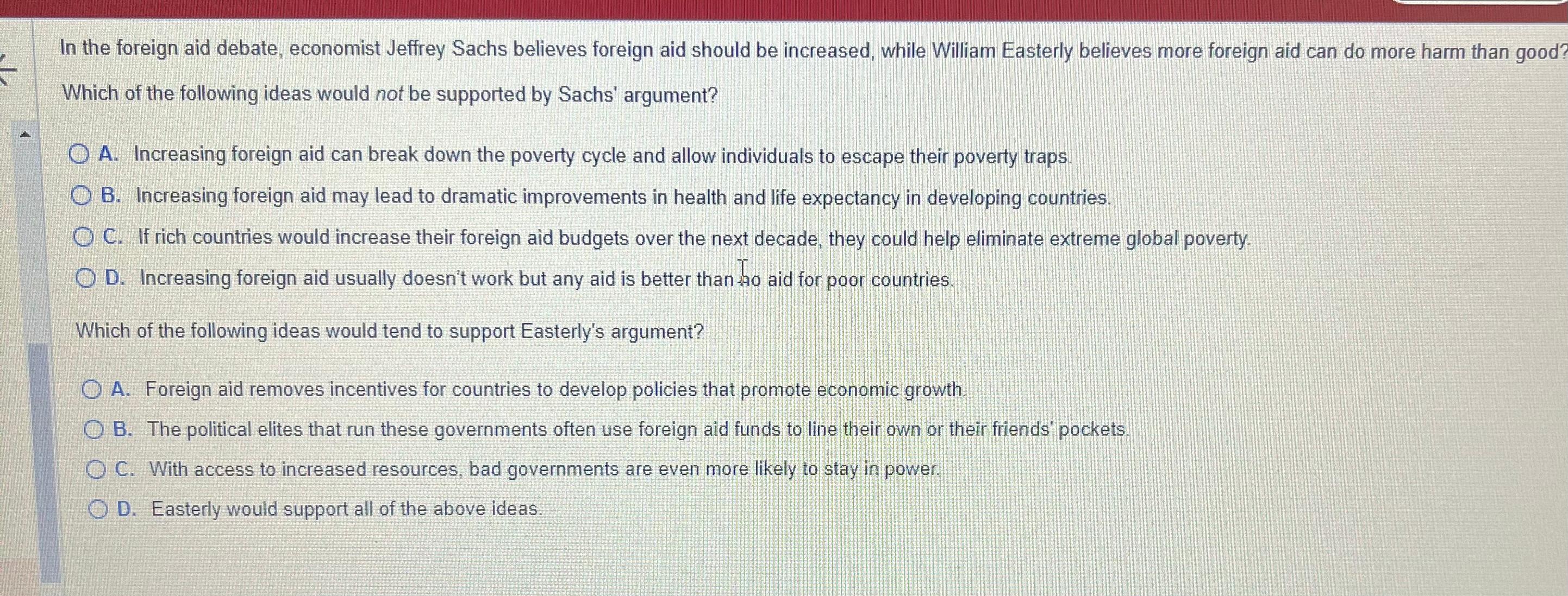 Solved In the foreign aid debate, economist Jeffrey Sachs | Chegg.com