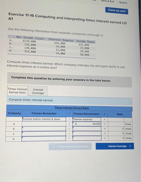Solved Save & Exit Submit Check my work Exercise 11-16 | Chegg.com