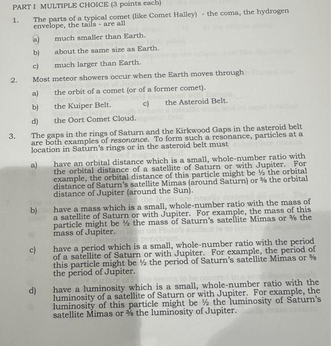 PART I MULTIPLE CHOICE ( 3 points each) 1. The parts | Chegg.com