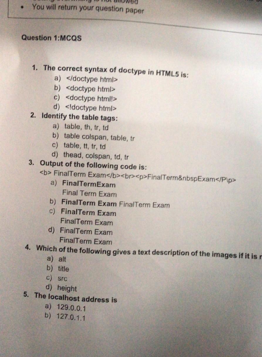 Solved You will return your question paper Question 1:MCQS | Chegg.com