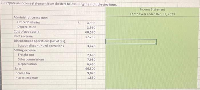 Solved 1. Prepare an income statement from the data below | Chegg.com