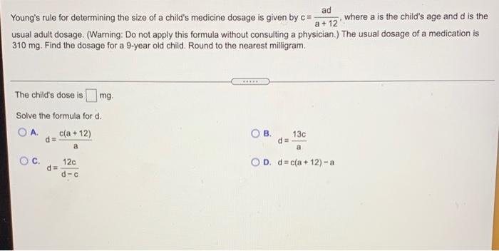Solved ad a +12 Young's rule for determining the size of a | Chegg.com